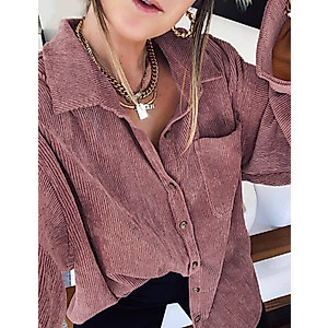 Saslax Womens Corduroy Shirt Long Sleeve Oversized Button Up V Neck Blouses Tops Loose Shacket Jacket with Pockets Mauve L