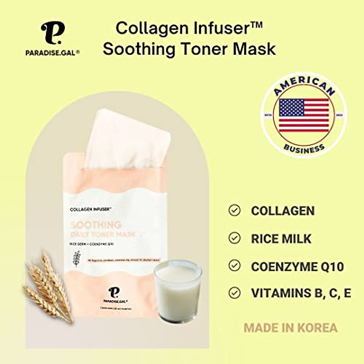 ParadiseGal 10 Face Masks Korean Skin Care - Soothing Collagen Infuser with Rice, Coenzyme Q10, Niacinamide, Ceramide | Best face mask skin care for all skin types (Soothing)