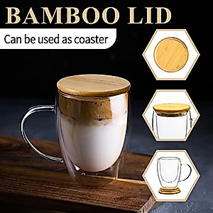 PARACITY Glass Coffee Mugs Set of 2 with Bamboo Lid/Spoon, Double Wall Insulated Clear Tea Cups 12 OZ with Hand for Cappuccino/Latte/Coffee, Borosilicate Glassware for Kitchen/Travel