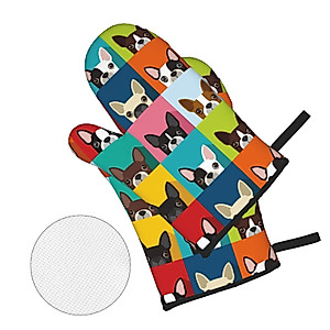 Boston Terrier Dog Oven Mitts and Pot Holders Set of 4, Oven Mittens and Potholders Heat Resistant Gloves for Kitchen Cooking Baking Grilling BBQ