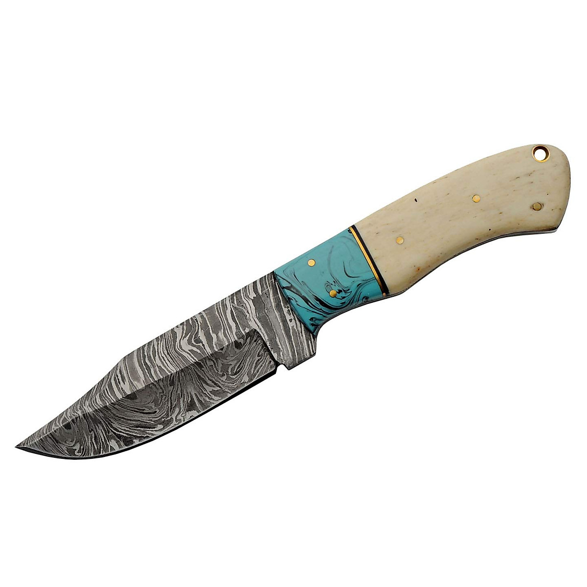 Szco Supplies 8.5" Damascus Steel Bone Handle Hunting Knife with Sheath, White/Turquoise (DM-1275)