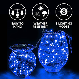 Joiedomi 200 LED Blue Halloween String Lights with 8 Modes 65.2FT Green Wire for Indoor Outdoor Holiday Décor Halloween Event Decoration, Tree, Eaves, Haunted House Theme Party