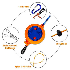 Portable Travel Clothesline, 26-Foot Retractable Clothesline with 10 Stoppers and 20 clothespins, Adjustable Indoor/Outdoor Laundry Line for Hotel, Cruise, Backyard