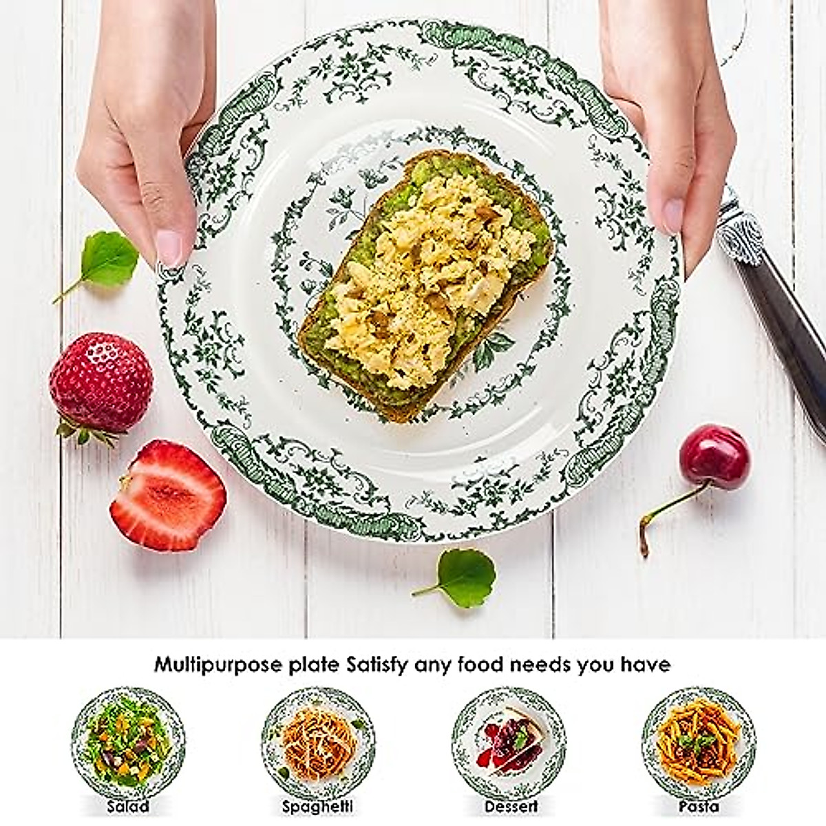 HomeElves Dinner Plates Set of 6, White Plates, Ceramic Kitchen Plates Microwave Safe Plates, 10.5 Inch Porcelain Dinner Plates Floral Plates, Green