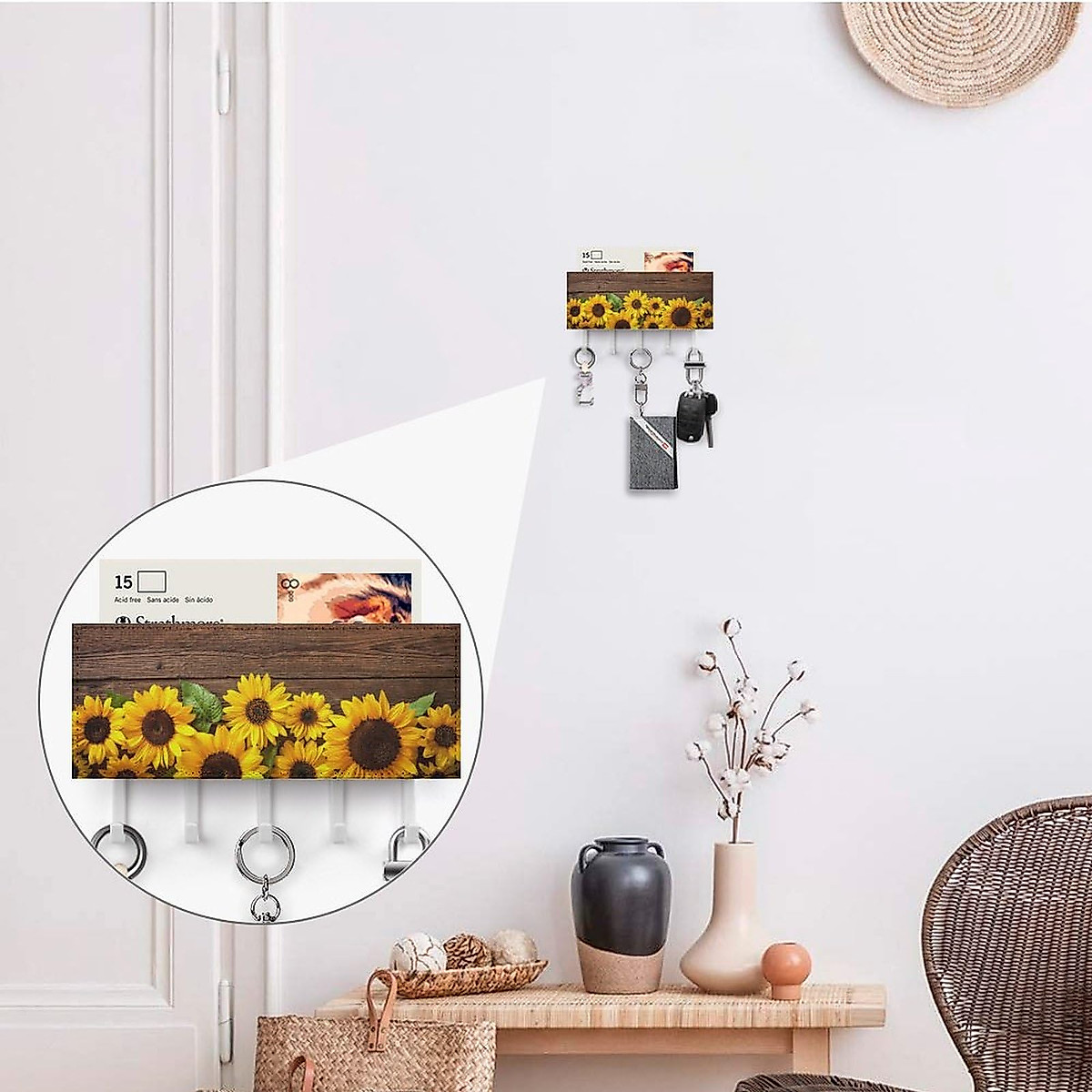 JAIDEN BEATA Cute Decorative Key Holder for Wall, Sunflower Wood Floral Print Retro Self Adhesive Key Rack Mail Organizer Wall Mount Hanging Key Holder Key Hanger for Kitchen Office Entryway Door