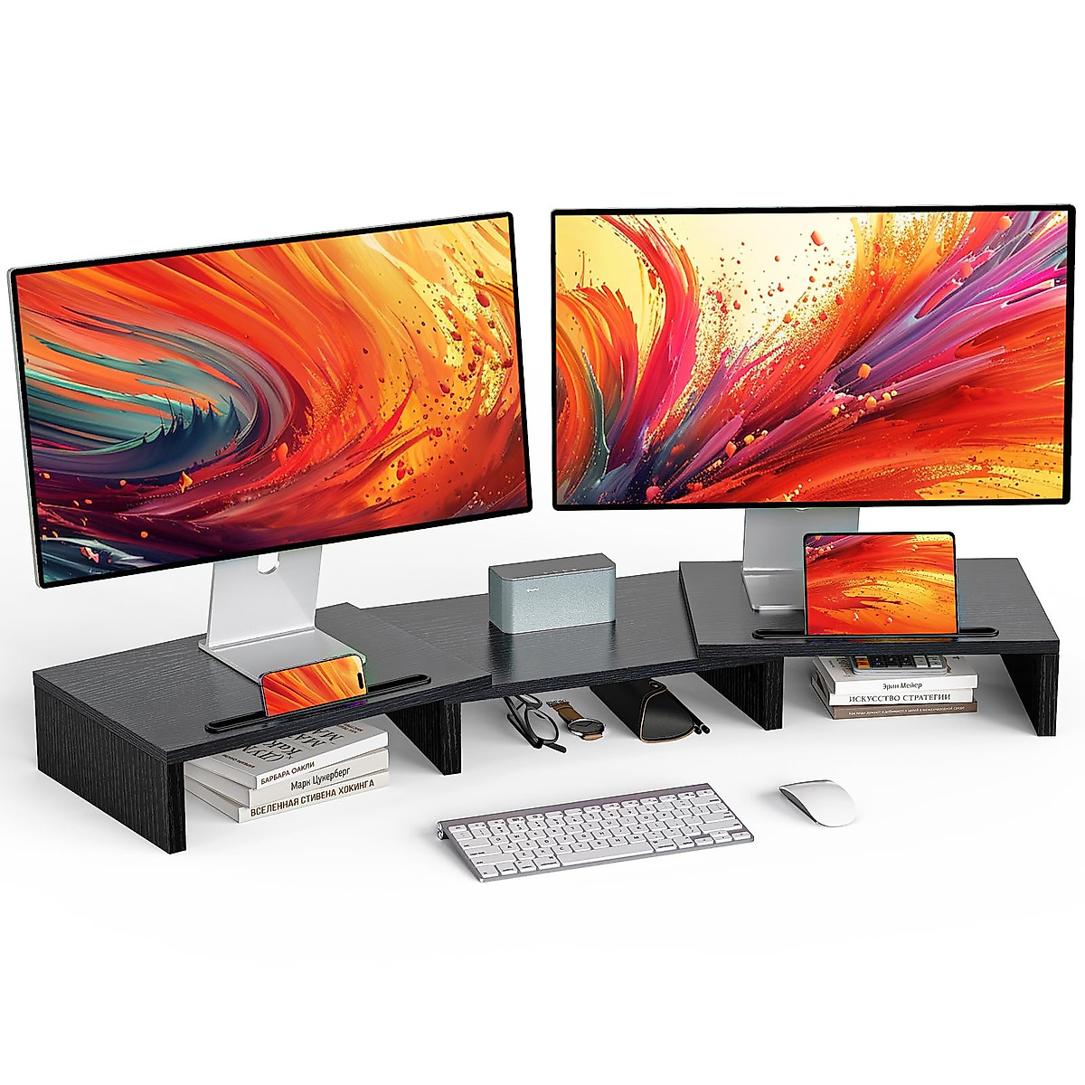 LORYERGO Dual Monitor Stand - [Upgraded] Monitor Stand w/ 2 Slots for Phone & Tablet, Dual Monitor Riser, Length and Angle Adjustable, Computer Stand for Monitor, Laptop, Tablet (Black)