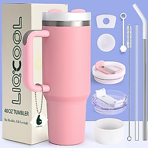 LiqCool 40 oz Tumbler with Handle 2 Straws and 2 Lids, Silicone Boot & Leak-proof Spill Stopper Set, Double Wall Vacuum Insulated Stainless Steel Tumbler Keep Cold 26H Cupholder Friendly(Pink)