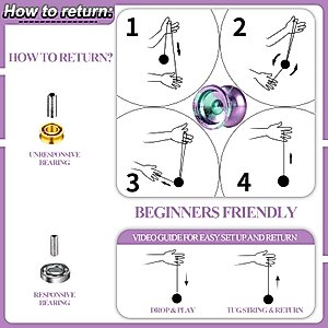 JOLESHARE Professional Unresponsive Yoyo for Pros and Responsive Yoyos for Kids Beginners, Package Includes Replaceable Responsive Bearings, yo-yo Gloves, and 5 yo-yo Cords(Purple Green)