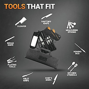 Chef Knife Roll Bag Travel Case | 8 Pockets for Knives & Tools | 2 Flaps with Cleaver & Mesh Pocket | Honing Rod Slot | Chef Knife Case for Professional & Students | Knives Not Included (Denim Grey)