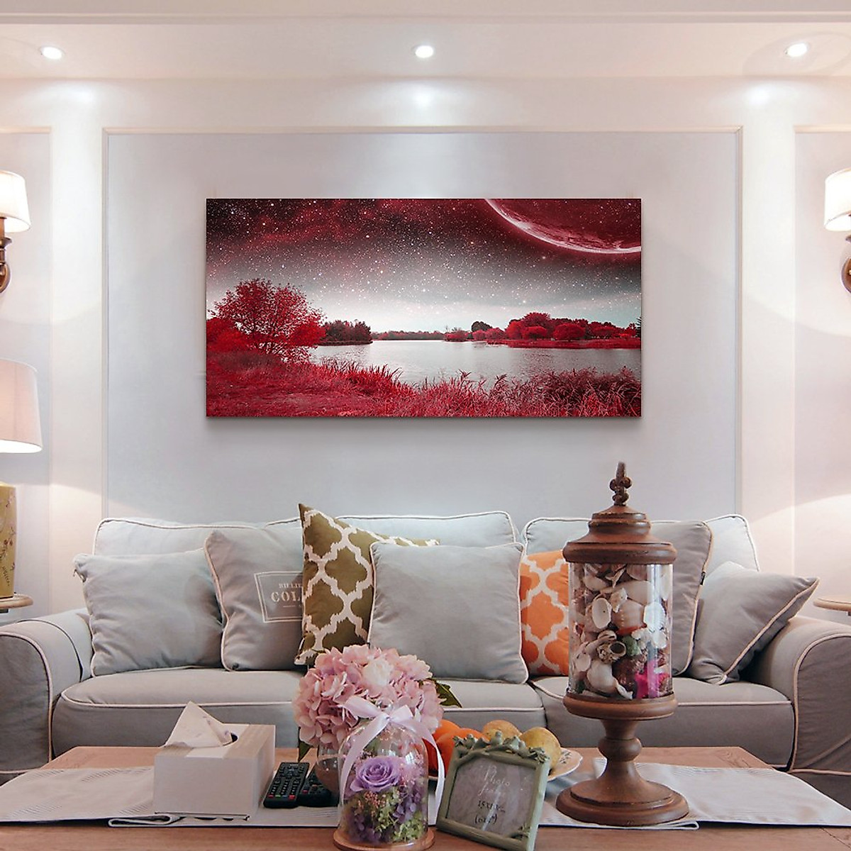 wall art for living room Red Lakes and trees under the starry sky red landscape painting office Wall Art Decor 20" x 40" single Pieces Canvas Prints Ready to Hang for Home Decoration Works For bedroom