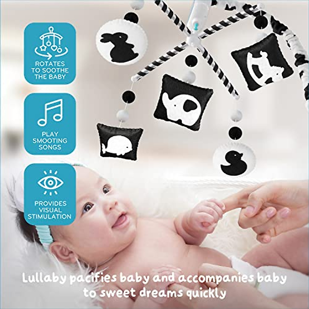 EVERLOVE | Montessori Mobile Baby for Crib | Digital Music Box with 12 lullabies & 3 Modes (Rotating only, Music only, Rotating with Music) - Black and White Baby Mobile for Boys & Girls