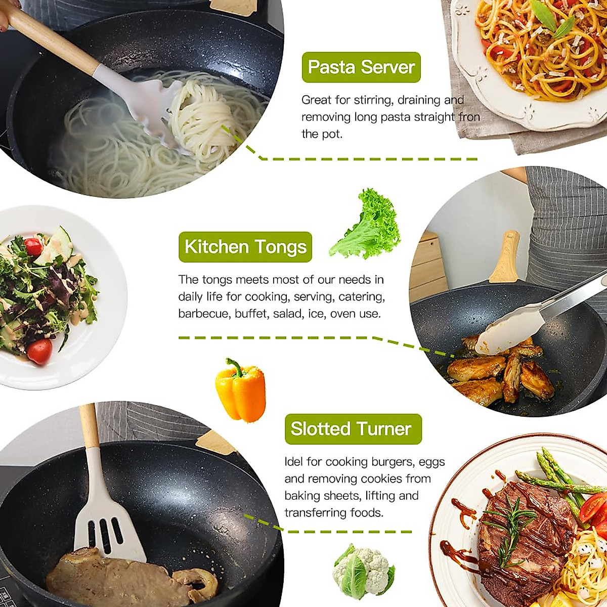 Silicone Kitchen Utensils Set, 46 pcs Cooking Utensils Set-Silicone Spatula Set- Kitchen Gadgets and Tools with Holder-Wooden Handle Silicone Kitchen Utensil with Tongs,Grater (Khaki)