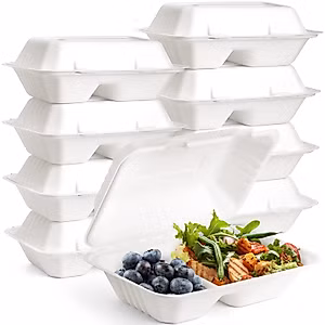 Elsjoy 90 Pack 9"x 6" Clamshell Take Out Containers, 2 Compartment Compostable Hinged Food Containers Disposable To Go Boxes, Sugar Cane Takeaway Boxes for Restaurant, Party, Microwave Safe