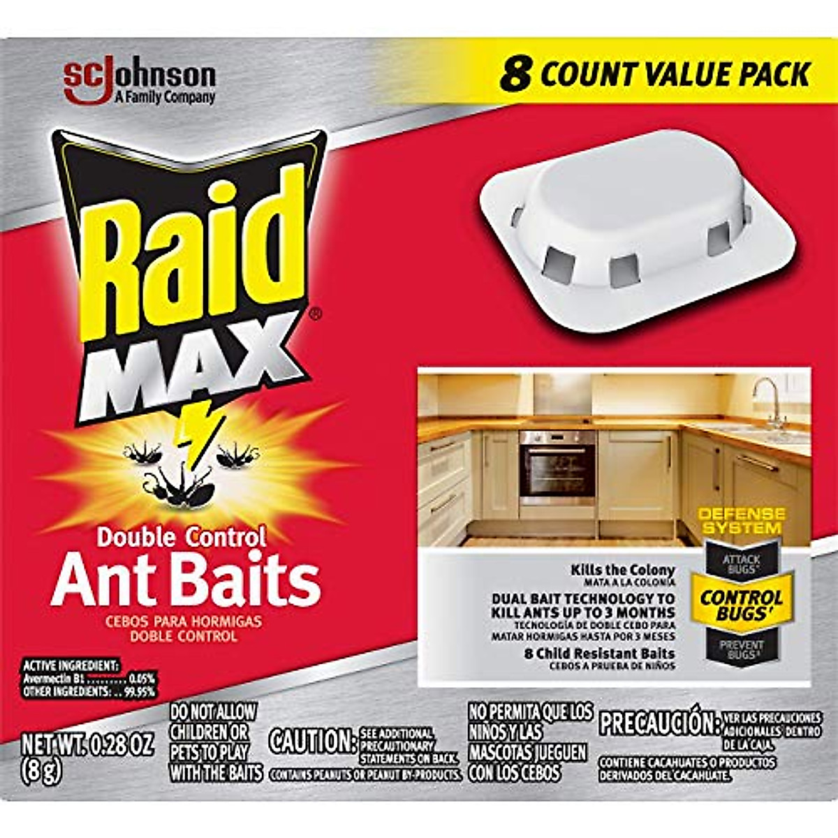 Raid Max Double Control Ant Baits, Household Use Defense System to Control Bugs, Dual Bait Technology, 8 CT (Pack of 3)