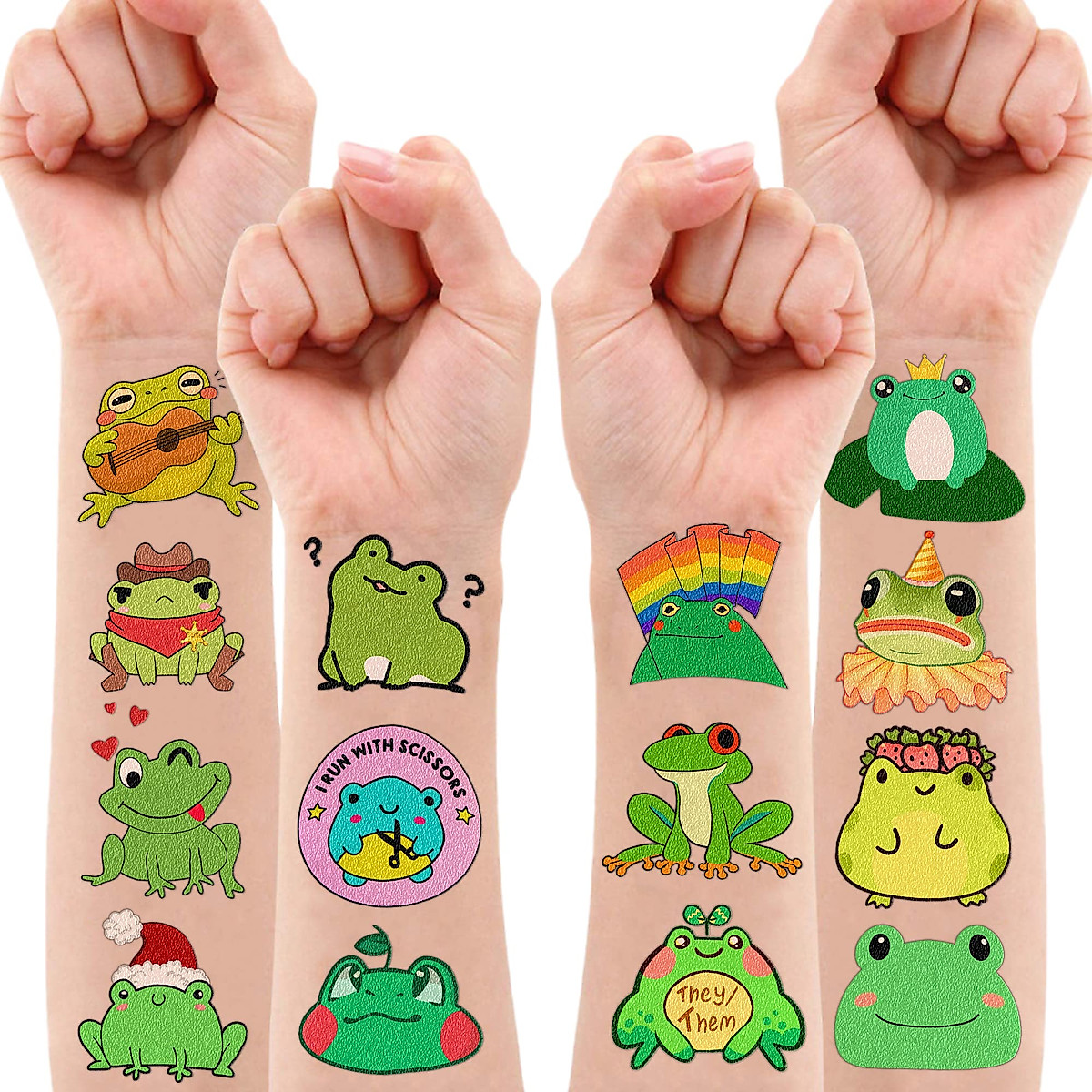 Frog Temporary Tattoos Birthday Themed Party Supplies Decorations Favors Cute Stickers Tattoo 8 Sheets 96 PCS Gifts for Kids Girls Boys Decor Class School Reward Carnival Christmas