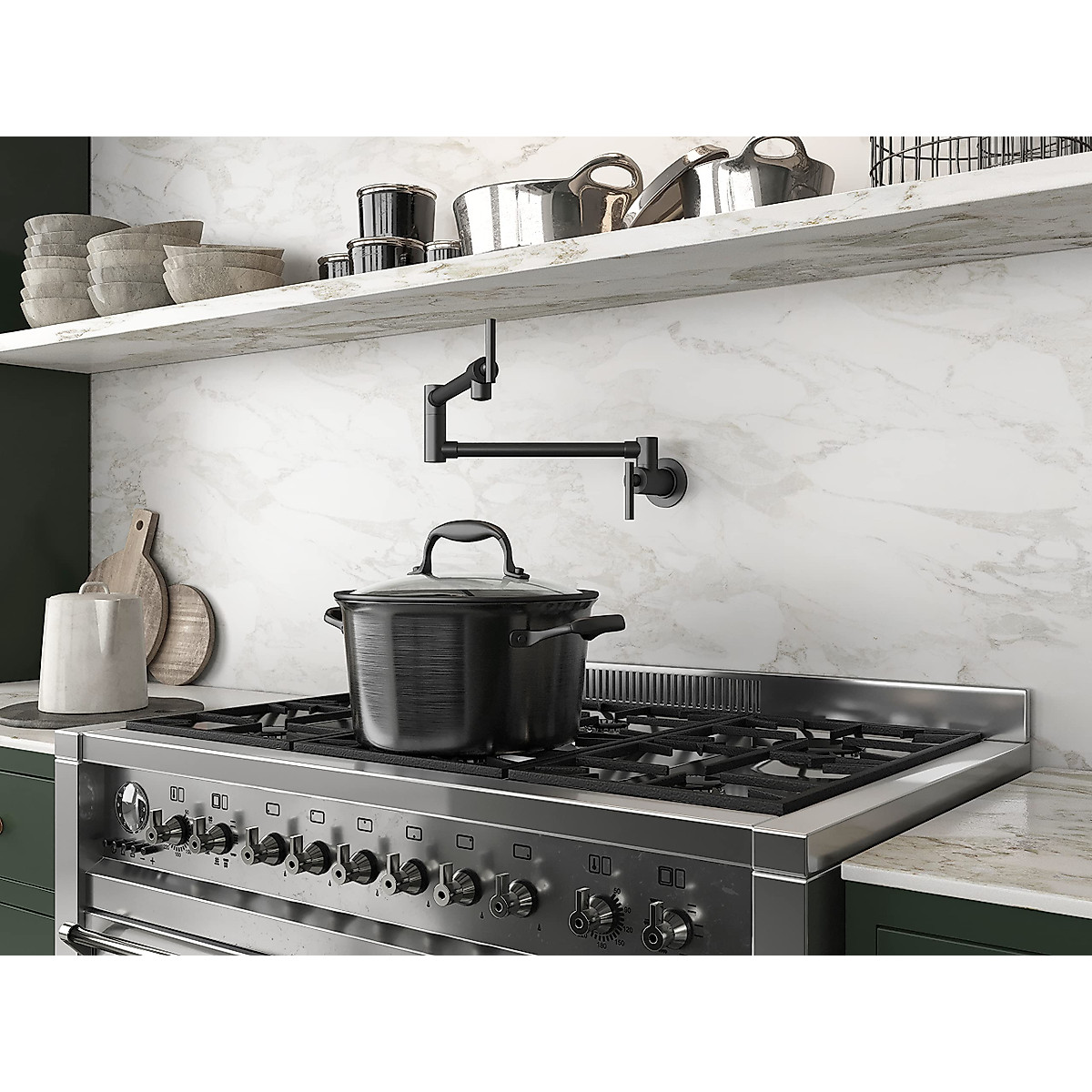 Braccia Series 24" Wall Mounted Pot Filler in Gunmetal Black | 24” Reach Spout Solid Brass Two Handle Dual Shut-Off Valve Double Joint Swing Arm Wall Mount Kitchen Folding Faucet | KF-AZ258GM