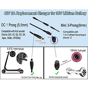 42V 2A Battery Charger Replacement 2 Plugs DC 2.1mm 1 Prong and 8mm 3 Prong Connector for 36V Lithium Battery, Power Supply Adapter 36 Volt Device