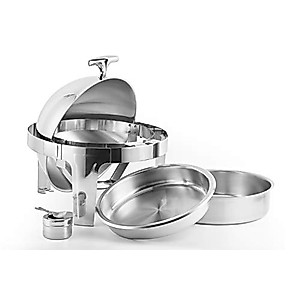 2 Pack 6 QT Round Roll Top Chafing Dish Chafer, Stainless Steel, Each Set Includes Food Pan, Water Pan, Fuel Holder, and Apron- Durable, shiny silver, keeps food warm in catered events