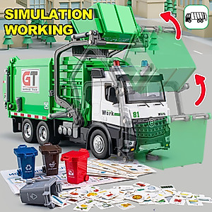 Garbage Truck Toys for Boys, 12" Big Trash Truck with Lights and Sounds, Friction Powered Waste Management Recycling Toy Set with 4 Trash Cans and Sorting Cards, Gift for Kids
