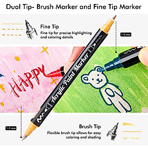 28 Metallic Colors Dual Tip Acrylic Paint Markers, Brush Tip and Fine Tip Acrylic Paint Pens for Rock Painting, Ceramic, Wood, Canvas, Plastic, Glass, Stone, Calligraphy, Card Making, DIY Crafts
