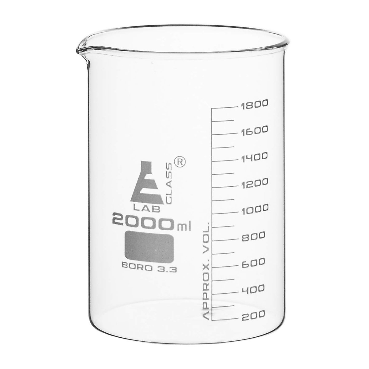 EISCO Beaker, 2000ml - Borosilicate Glass, Low Form, with Spout - 200ml Graduations