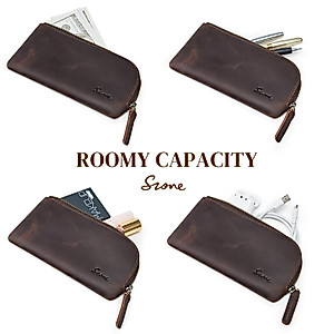 S-ZONE Top Grain Leather Pencil Pouch Small Zipper Bag for Pens Makeups Change Coins