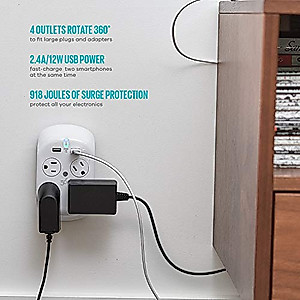 Revolve 2.4 4-Outlet Rotating Surge Tap w/ 2.4A 2-Port USB