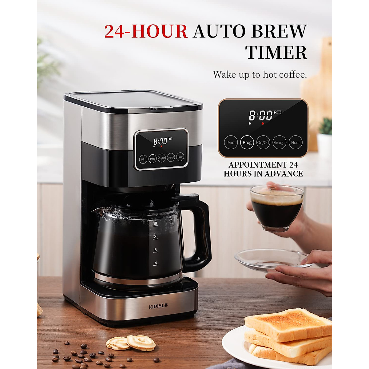KIDISLE Programmable Drip Coffee Maker with Regular & Strong Brew, Warming Plate, 10 Cup Small Coffee Machine with Touch Screen, Glass Carafe and Reusable Filter for Home and Office, Stainless Steel