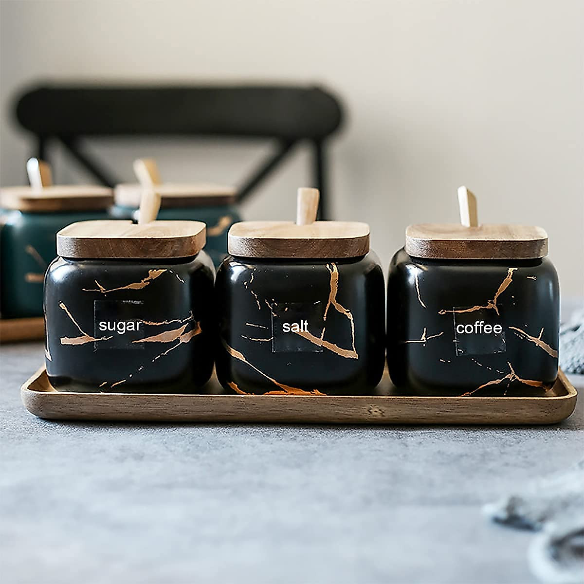 JFFLYIT 3 Pcs Porcelain Condiment Jar Pot Spice Container Ceramic Seasoning Jar with Lid Spoon and Tray Great for Home Kitchen Counter, Black