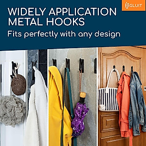 GLUIT Adhesive Towel Hooks for Bathroom Wall Hooks for Hanging Heavy Duty Coat Rack Sticky Hanger for Door Holder Durable Stainless Steel Dark Black- 2 Pack