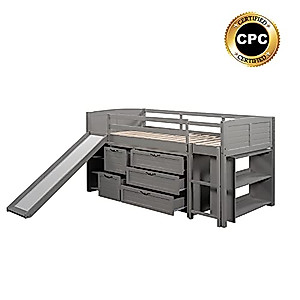 Low Loft Bed with Slide and Storage Twin Loft Bed Frame with Cabinet Drawers and Book Shelves, Wooden Loft Beds for Kids Boys Girls, Gray