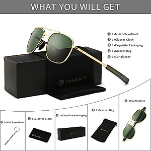 SUNGAIT Men's Military Style Polarized Pilot Aviator Sunglasses - Bayonet Temples (Gold Frame/Green Lens, 55) A285JKLV