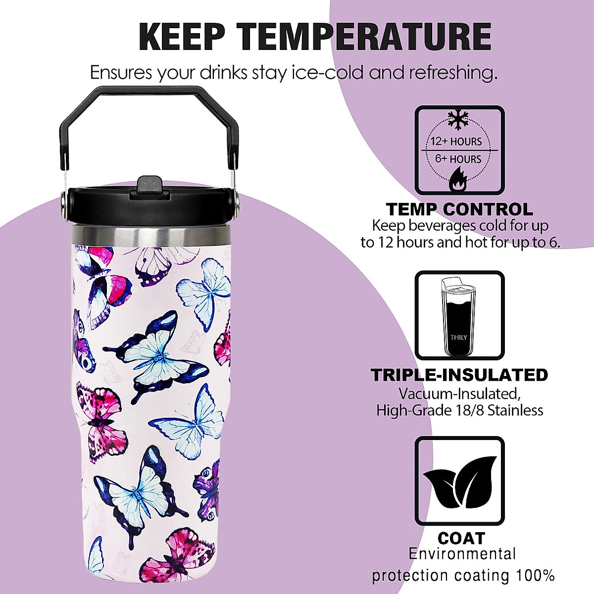 Butterfly Tumbler with Handle and Straw, Stainless Steel Vacuum Insulated Flip Straw 30 oz Pink Butterfly Tumbler Spill Proof Coffee Travel Mug Butterfly Gifts for Women