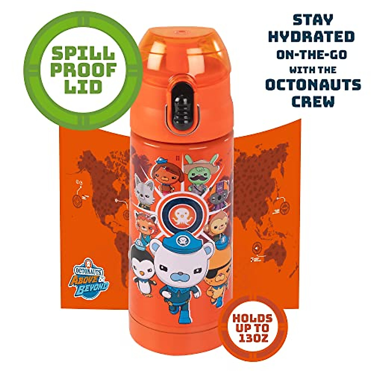 Octonauts Above & Beyond Orange Stainless Steel 13 oz Insulated Water Bottle for Kids - Spill Proof Lid, Easy to Use, Reusable - Keep Liquids Hot/Cold For Hours -Perfect for Travel, School, On-The-Go