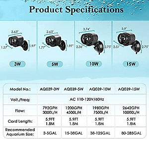 AQQA Aquarium Wave Maker,3W/5W/10W/15W Suction Cup Fish Tank Single Powerhead Pump，110V/60Hz Ultra Quiet Submersible Circulation Pump,360°Adjustable For Freshwater Saltwater