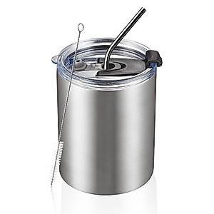 MEWAY 12 oz Lowball, Tumbler Stainless Steel Double Wall Vacuum Insulated Mug with Straw and Lid, Cleaning Brush ，Durable Powder Coated Insulated Coffee Cup for Cold & Hot Drinks (Silver, 1 Pack)