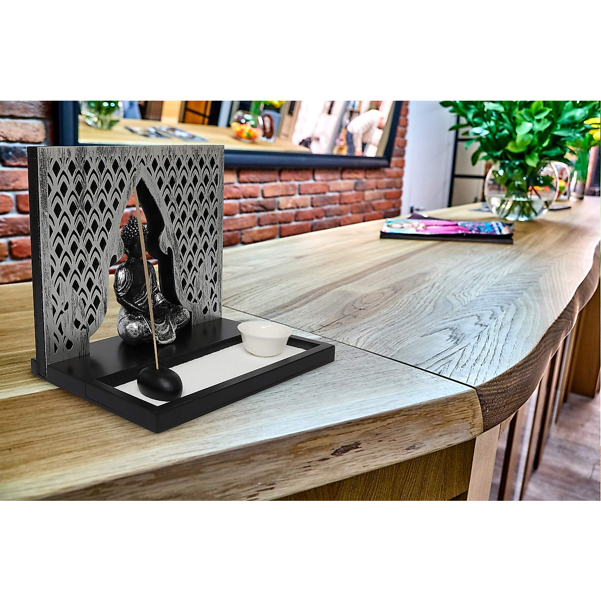 Basic Fundamentals Zen Garden Candle Holder Home Decor - Buddha Incense Stick Holder Office Desk Accessories - Zen Garden Sand Office Decor - Buddha Table Top - 8.75" x6.5”x 8.75”