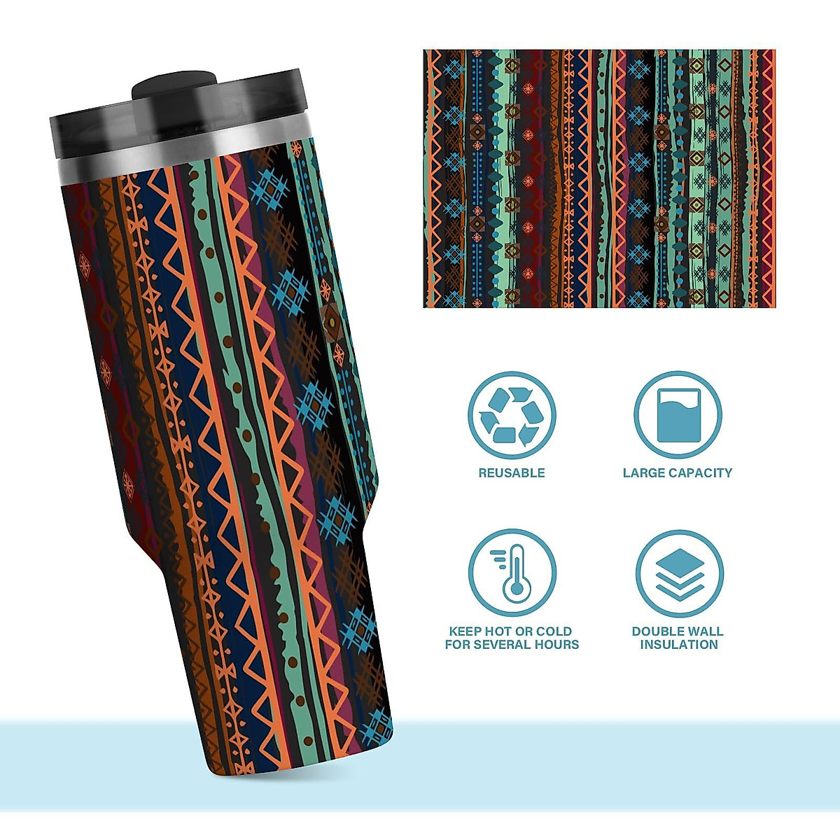 Yasala Car Tumbler with Handle Ethnic Boho Tribal Classic Travel Mug Coffee Cup Insulated Beverage Container Mega Cup for Hot Cold Drinking Thermos Water Bottle Cupholder Friendly 40 oz