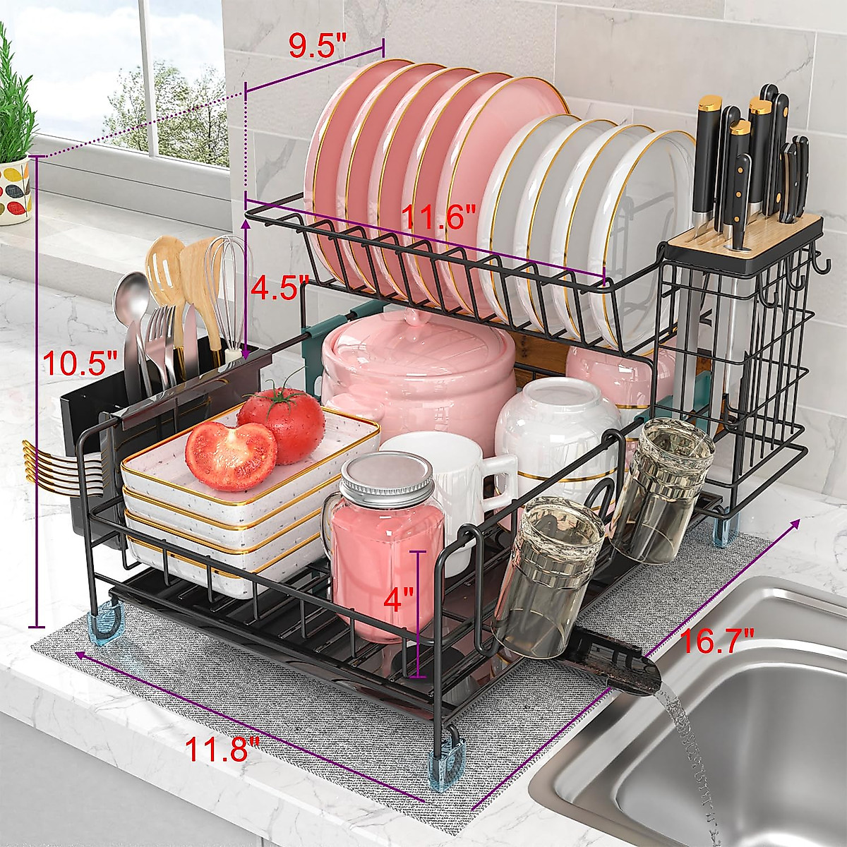 slhsy Dish Drying Rack, Stainless Steel 2-Tier Dish Rack with Cup Holder Utensil Holder Cutting Board Holder Knife Holder with Drainboard Black