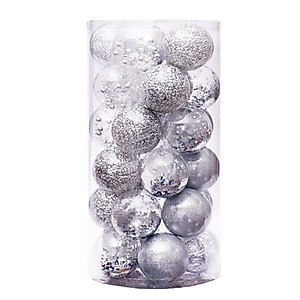 24ct 60mm/2.36" Glitter Christmas Balls Ornaments Shatterproof Clear Plastic Fillable Sphere Balls Ornaments for Xmas Tree Home Decoration (Silver)