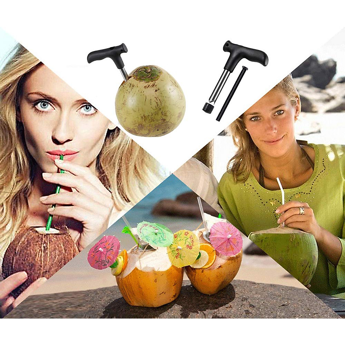 2 Pack Coconut Opener Tool with 4 Reusable Straws and Brush, Easy & Convenient Straw Hole Maker, Food Grade Stainless Steel Coconut Opening Tool Pouch Tap for Young Fresh Thai Hawaii Coco Water Juice