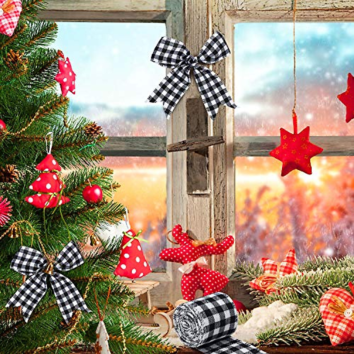 2 Rolls Wired Edge Ribbons Buffalo Plaid Burlap Ribbon Farmhouse DIY Gift Wrapping Crafts for Christmas Bow Wreath Tree Decoration (White Black Plaid, 2.5 Inch Wide, 472 Inch)