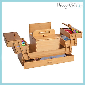 Hobby Gift Wooden Cantilever Sewing Crafting Hobby Storage Box, Wood, Assorted, 23.5 x 45 x 32 cm