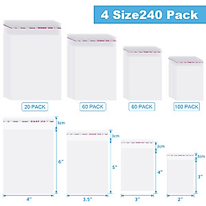 Geyoga 4 Size Clear Plastic Cello Bag Resealable Self Sealing Cellophane Bag for Candy Cookies Decorative Wrapper (240 Pieces)