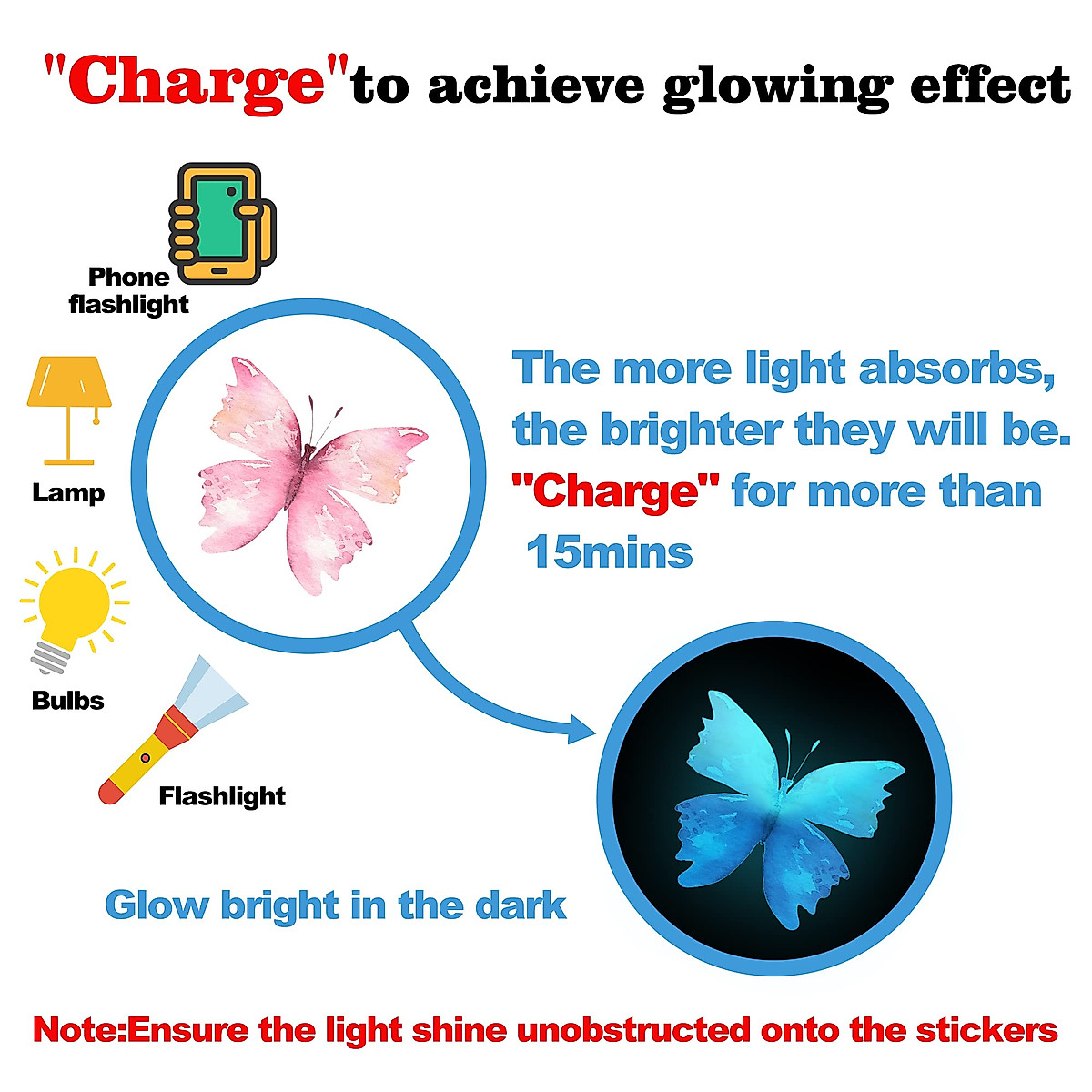 Butterfly Wall Decor Stickers Glow in The Dark Butterfly Wall Decals Peel and Stick Luminous Butterflies Always Kiss Me Good Night Decals Positive Quotes for Girls Kids Ceiling Bedroom Living Room