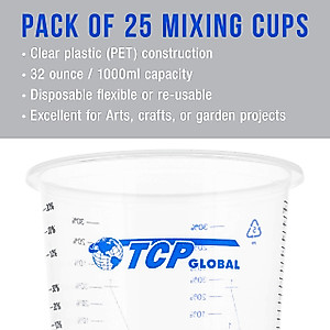 TCP Global 32 Ounce (1000ml) Disposable Flexible Clear Graduated Plastic Mixing Cups - Box of 25 Cups - Use for Paint, Resin, Epoxy, Art, Kitchen, Cooking, Baking - Measuring Ratios 2-1, 3-1, 4-1, ML