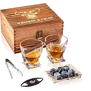 VKDONE Whiskey Glasses Set of 2 - Bourbon Gifts for Men Includes Whisky Rocks Glasses, Chilling Stones, Tongs, Velvet Pouch and Cutter, Valentines Day Gifts for Him, Dad, Husband, Whiskey Lover