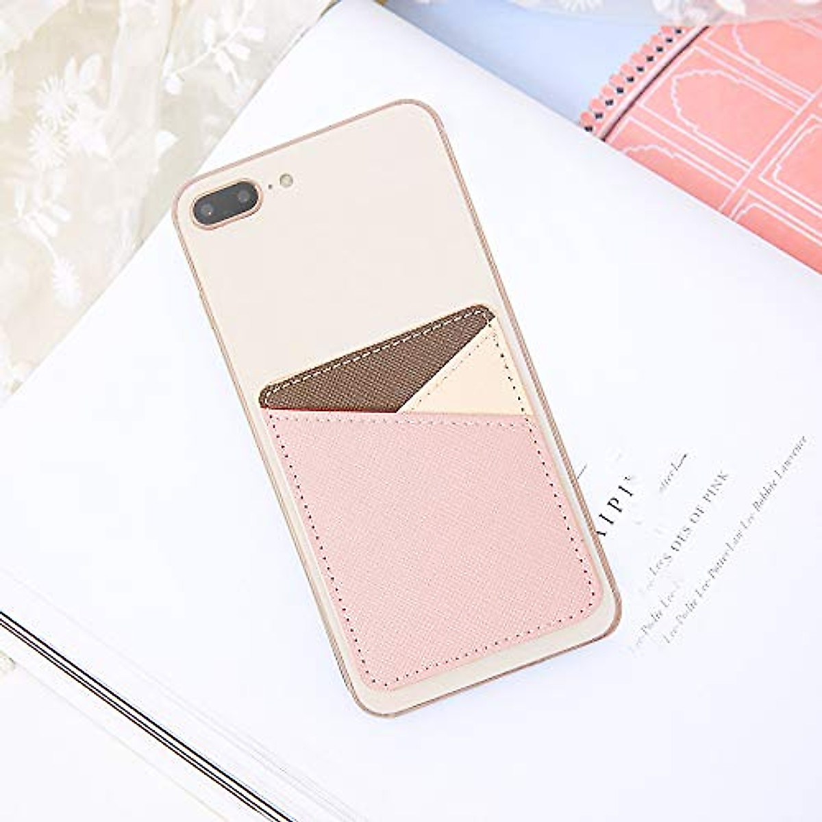 lenoup PU Leather Stick on Cell Phone Wallet,Cell Phone Card Holder Phone Pocket for Credit Card, Business Card ID and Keys(Beige)