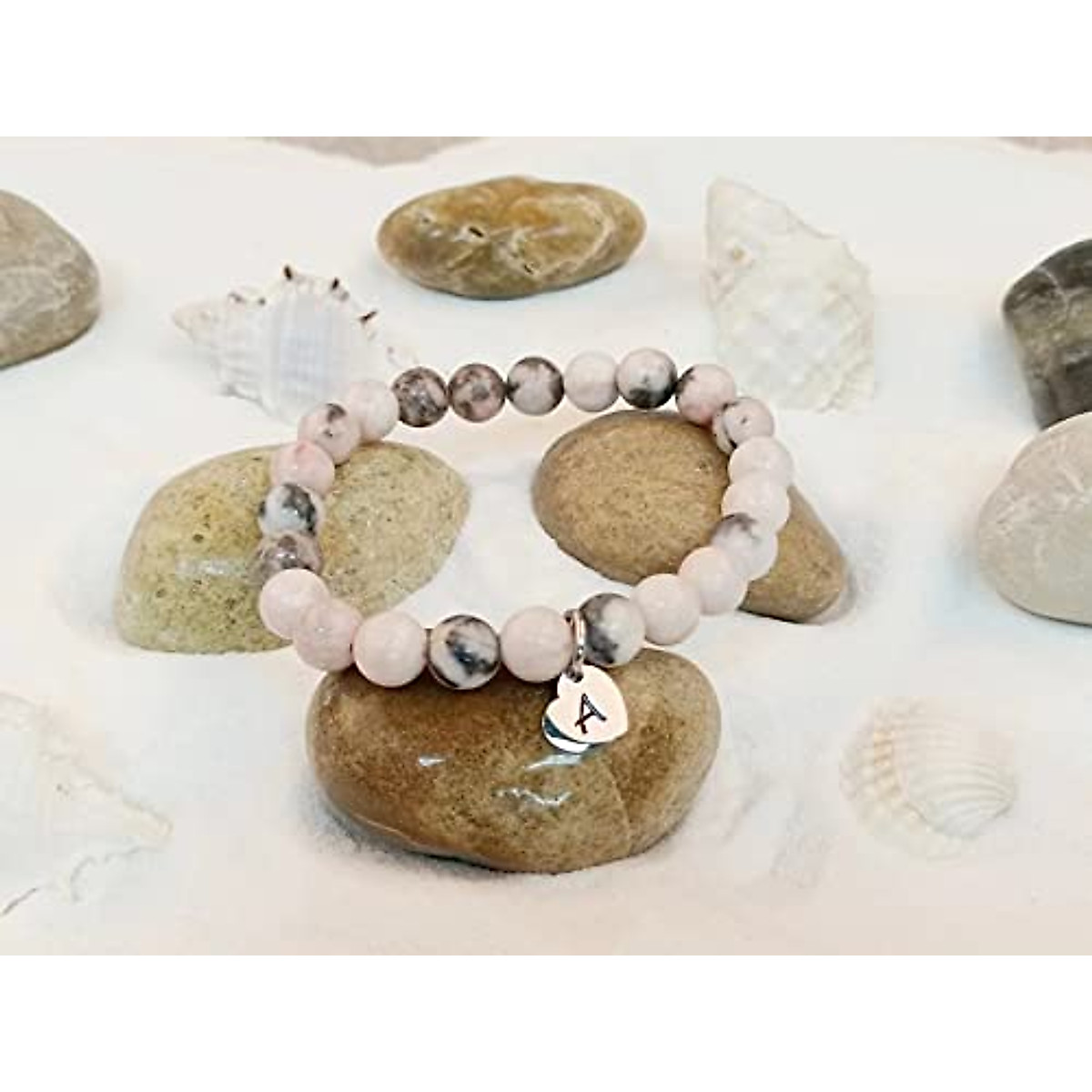 Handmade Alphabet Letters Love Heart Charm Pendant Healing Natural Gemstones 8mm Rose Pink Zebra Jasper Beads Stretched Beaded Bracelet,Anxiety Pain Stress Strain Fear Relief Beading Bracelets,Love Gift for Mother Grandmother Daughter Wife . (C)