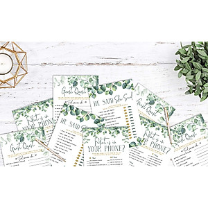 Eucalyptus Bridal Games – Set of 6 Fun Games, 25 Double-Sided Cards Each, Includes He Said She Said, Guest Quest, What's in Your Phone, Over or Under, Bridal Shower Love Match, and Would She Rather?